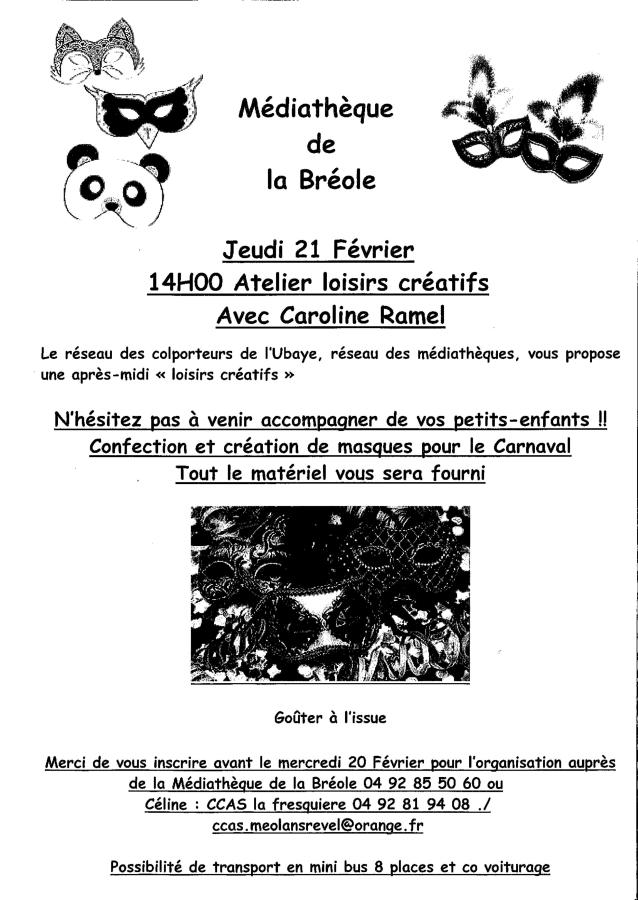 JEUDI 21 FEVRIER 2019 A 14H00 ATELIER LOISIRS CREATIFS AVEC CAROLINE ...